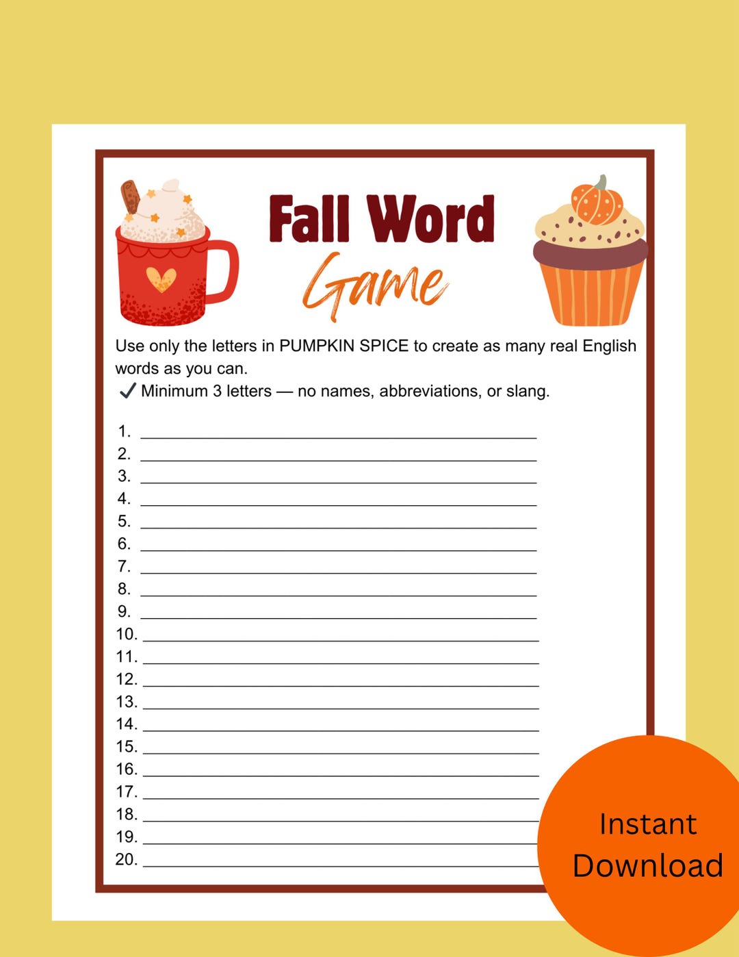 Pumpkin Spice Word Game | Fall Printable Activity | Autumn Party Game ...