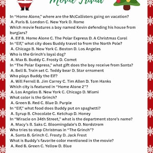 Christmas Movie Trivia Game Printable • Holiday Party Quiz • Christmas ...