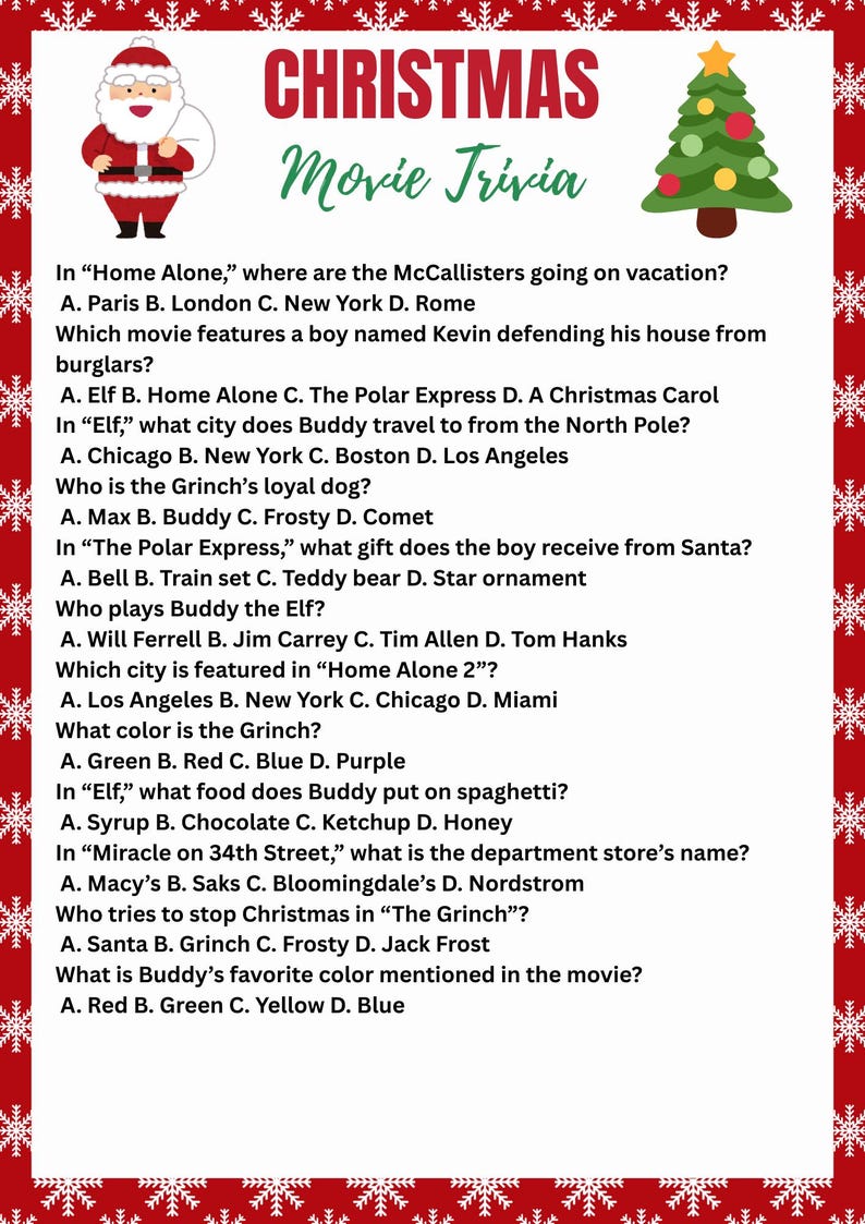 Christmas Movie Trivia Game Printable • Holiday Party Quiz • Christmas ...