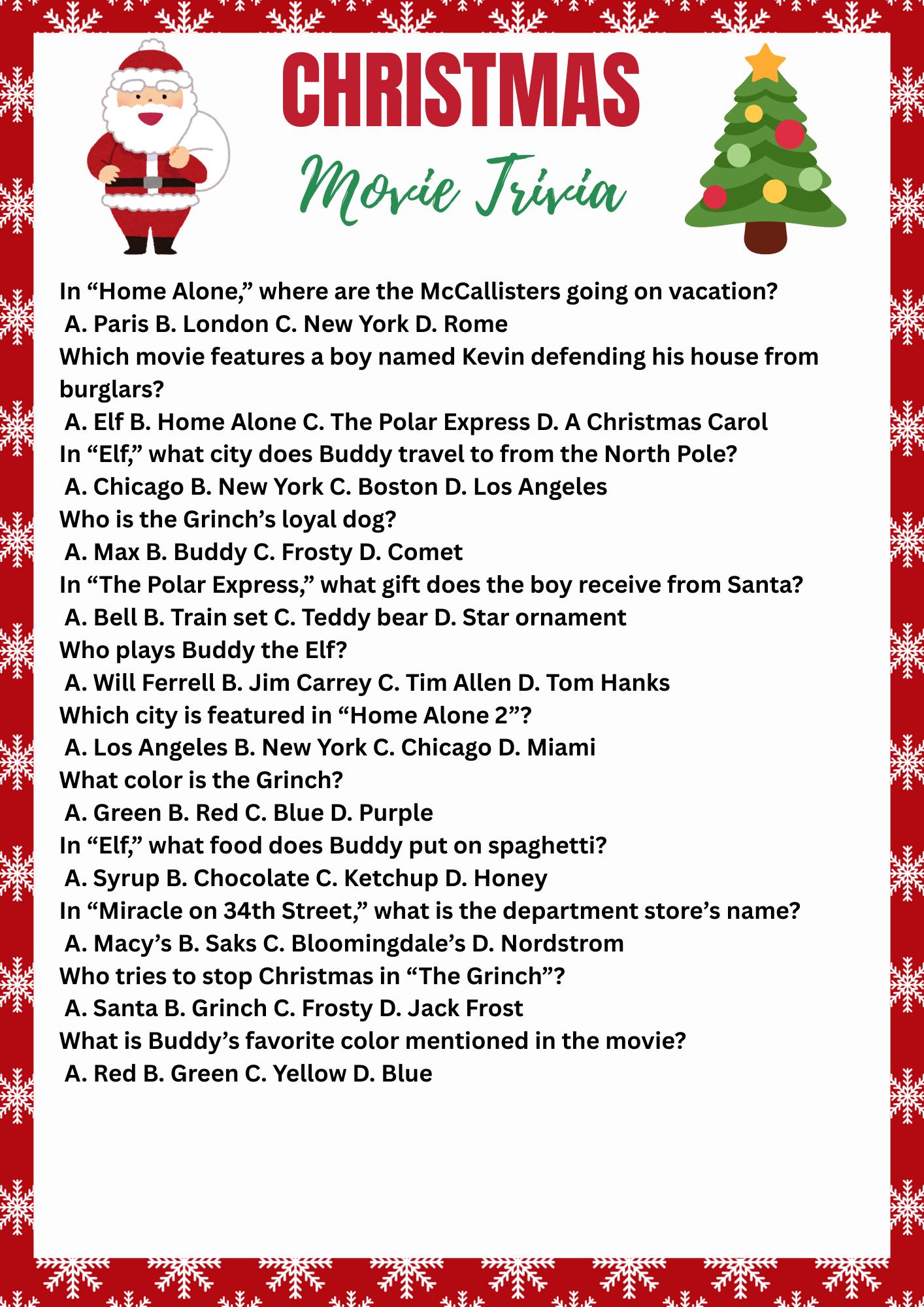 Christmas Movie Trivia Game Printable • Holiday Party Quiz • Christmas ...