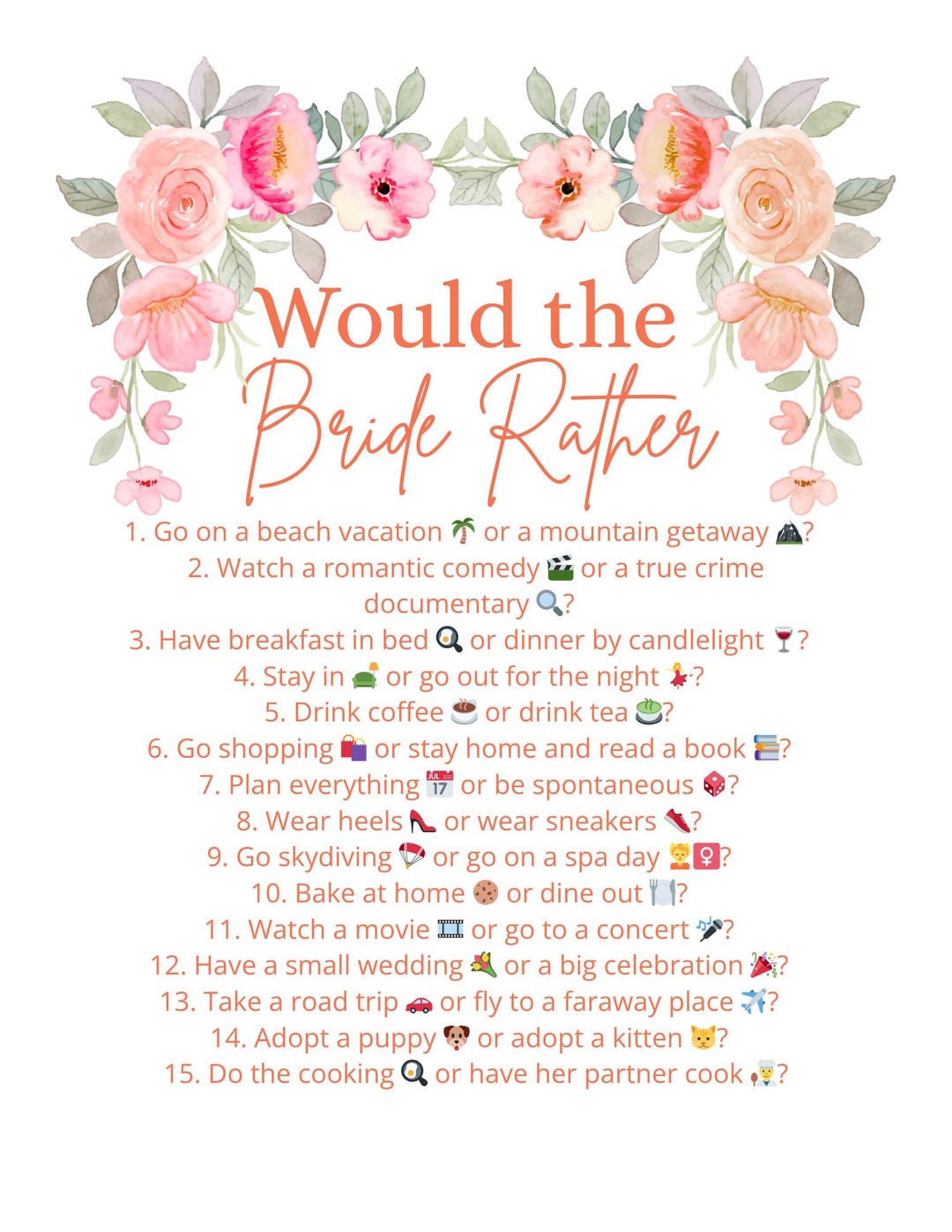 Would the Bride Rather Bridal Shower Game Printable PDF – Fun Wedding ...