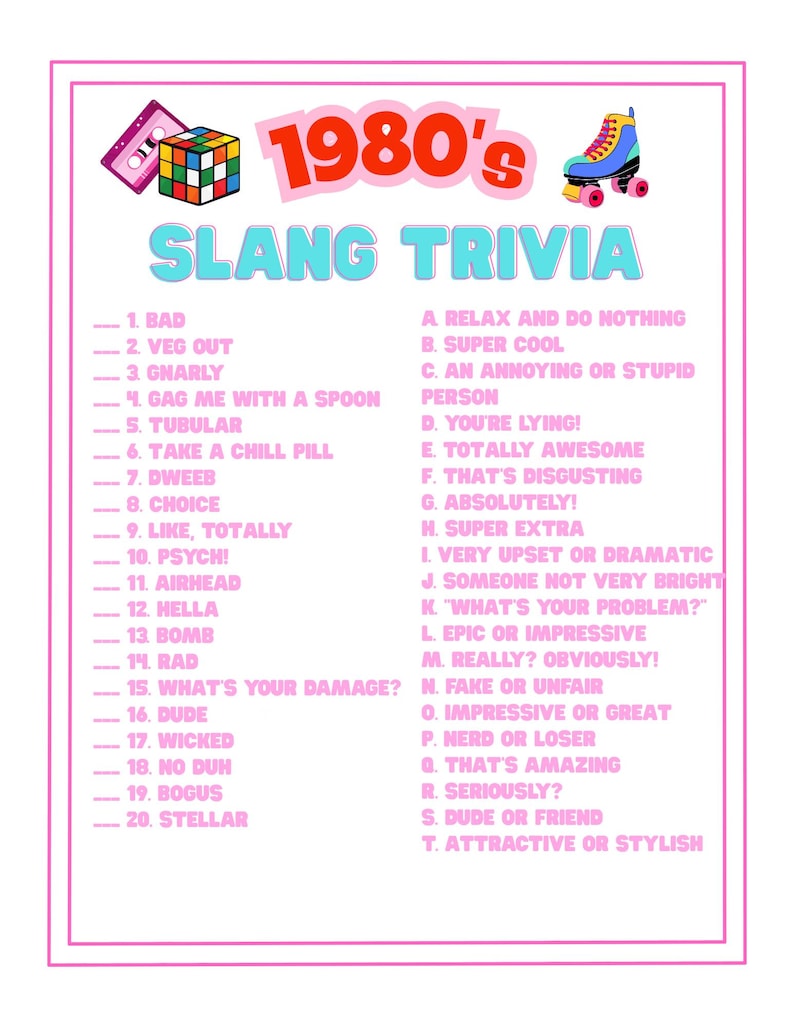 1980s Slang Matching Game: Retro Party Trivia (printable PDF Download ...
