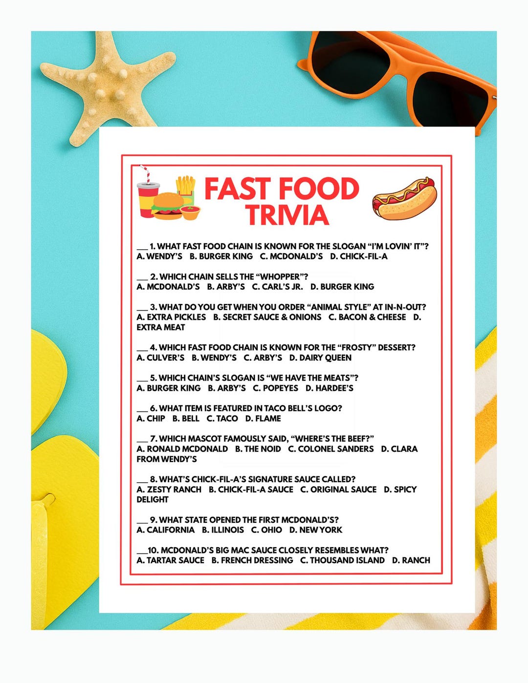 Fast Food Trivia Game Printable | Fun Party Quiz | Food-themed Birthday ...