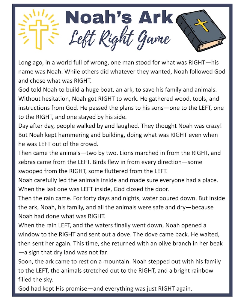 Noah's Ark Left Right Game: Printable Bible Activity (PDF Download - Etsy