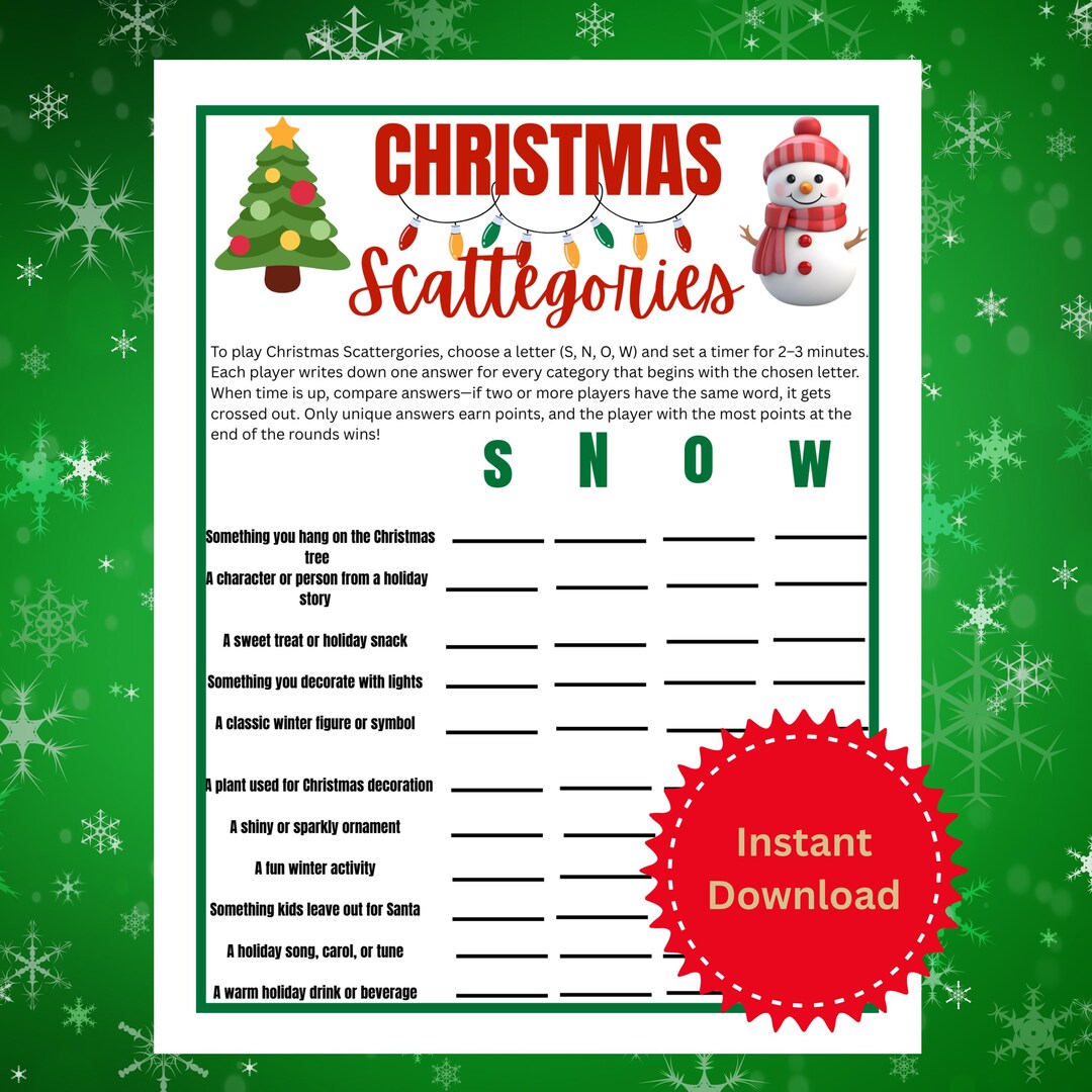 Christmas Scattergories Game – S-N-O-W Printable Holiday Party Game ...