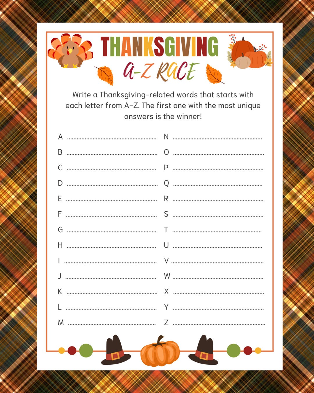 Thanksgiving A to Z Race Game Printable, Thanksgiving Word Game for ...