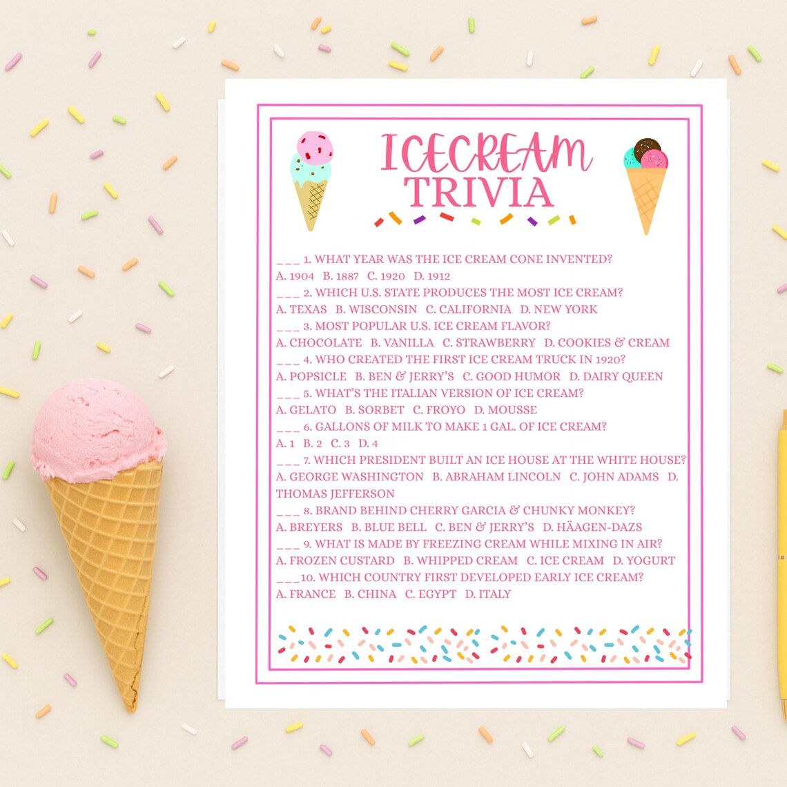 Ice Cream Trivia Game: Printable Summer Party Activity (PDF Download - Etsy