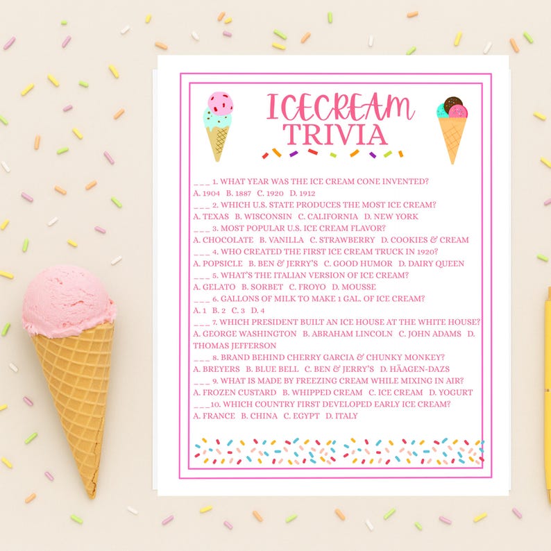 Ice Cream Trivia Game: Printable Summer Party Activity (PDF Download - Etsy