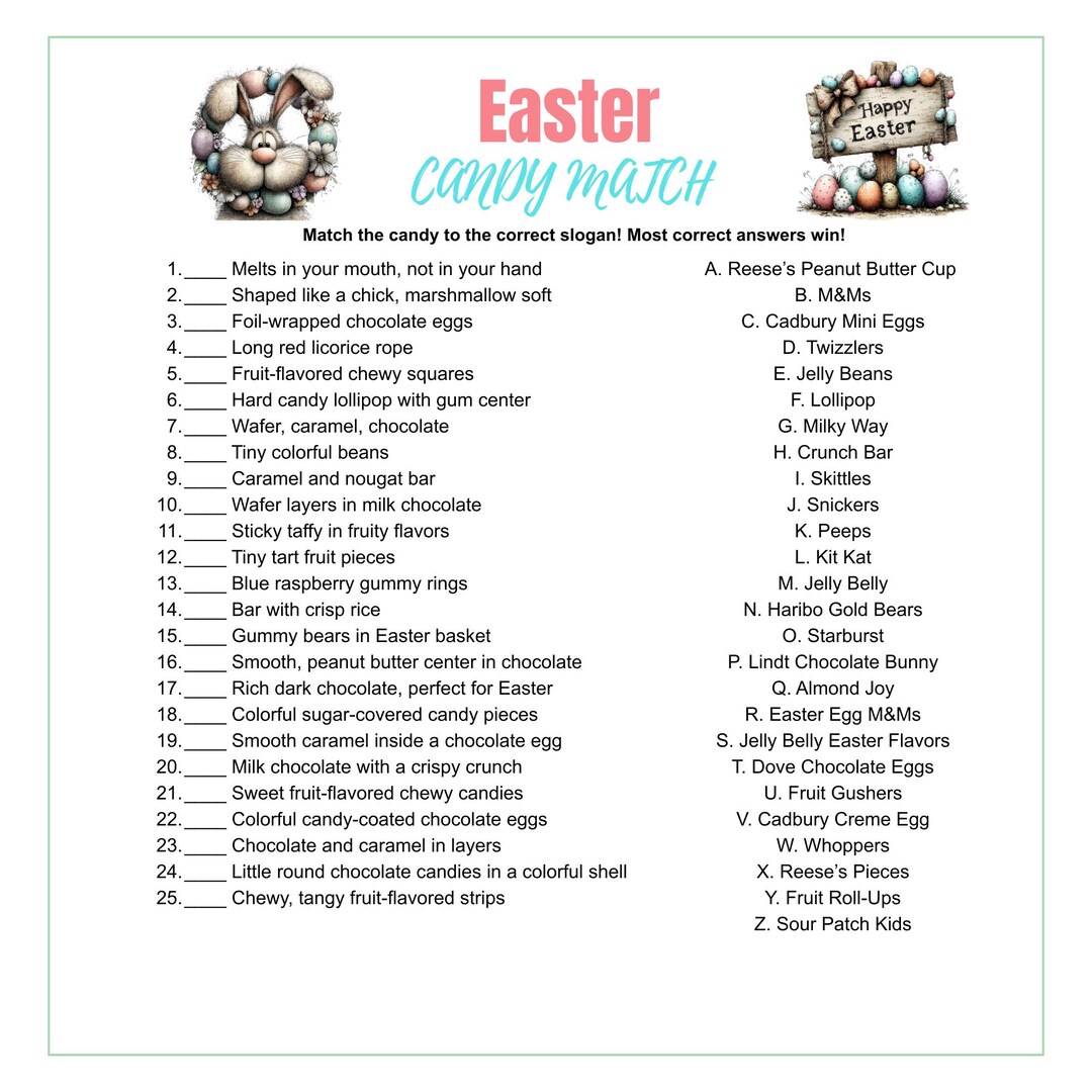 Easter Candy Match Game, Easter Party Game, Candy Slogan Trivia Game ...