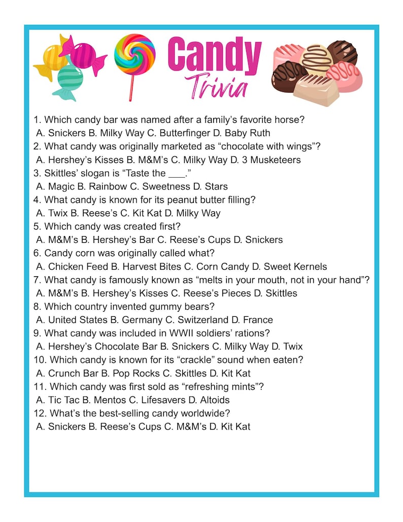Candy Trivia Game: Fun Printable Quiz for Parties (instant Download PDF ...