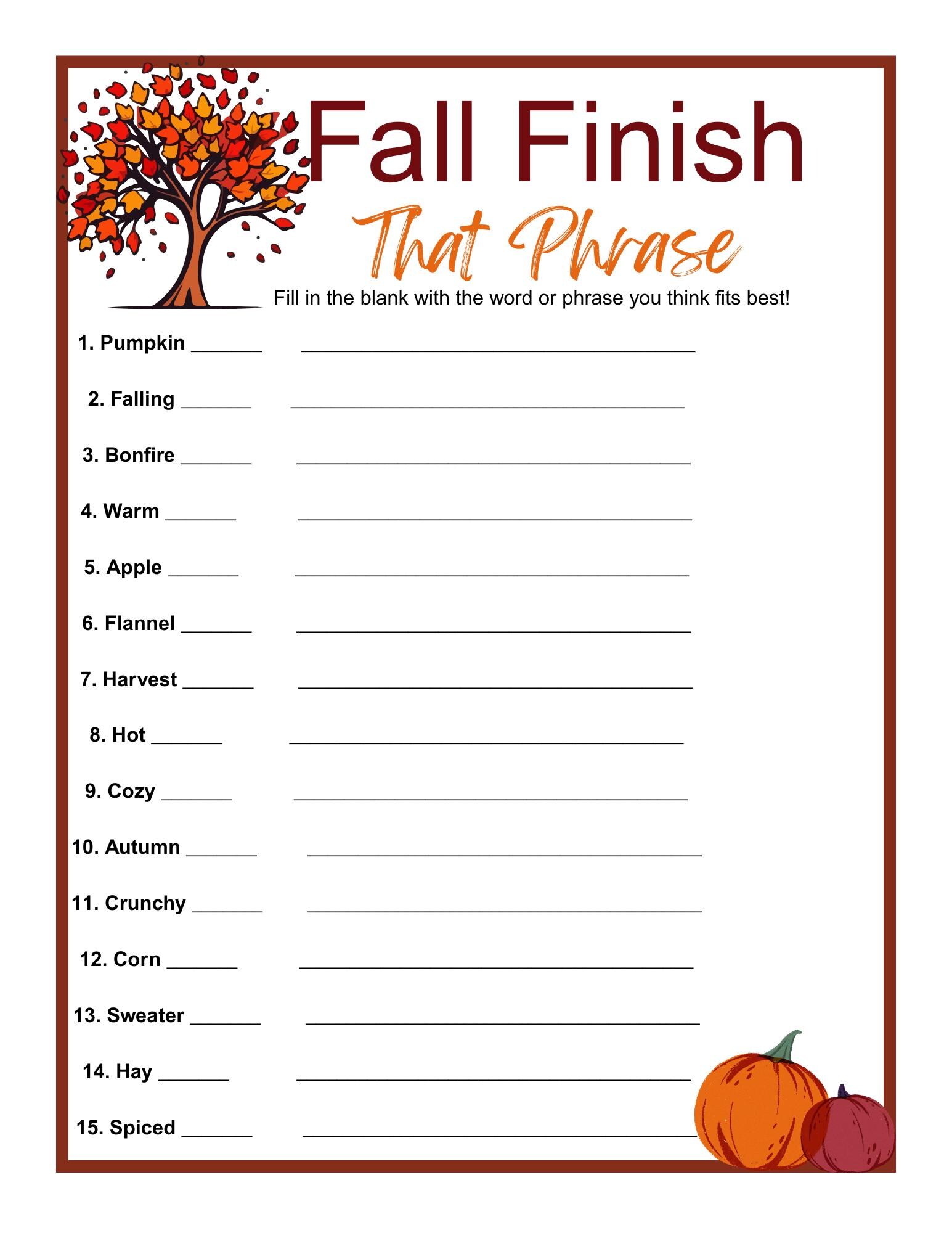 Fall Finish the Phrase Game Printable • Autumn Party Icebreaker ...