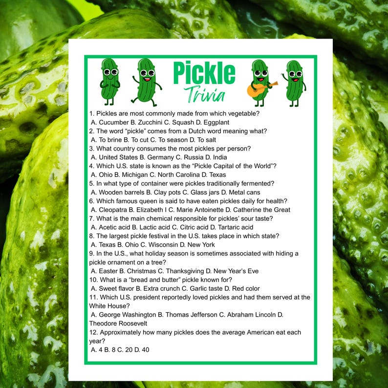 Pickle Trivia Game: Fun Food Quiz for Parties (instant Download PDF) - Etsy