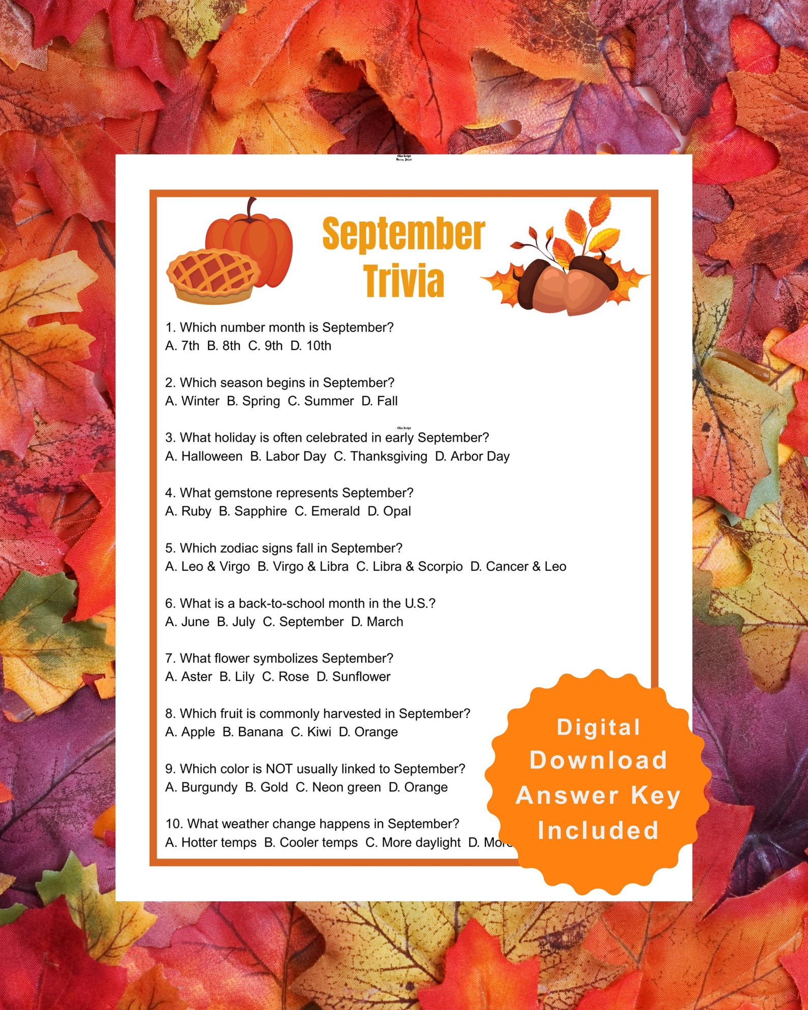 September Trivia Game Printable • Fall Party Quiz • Back to School ...