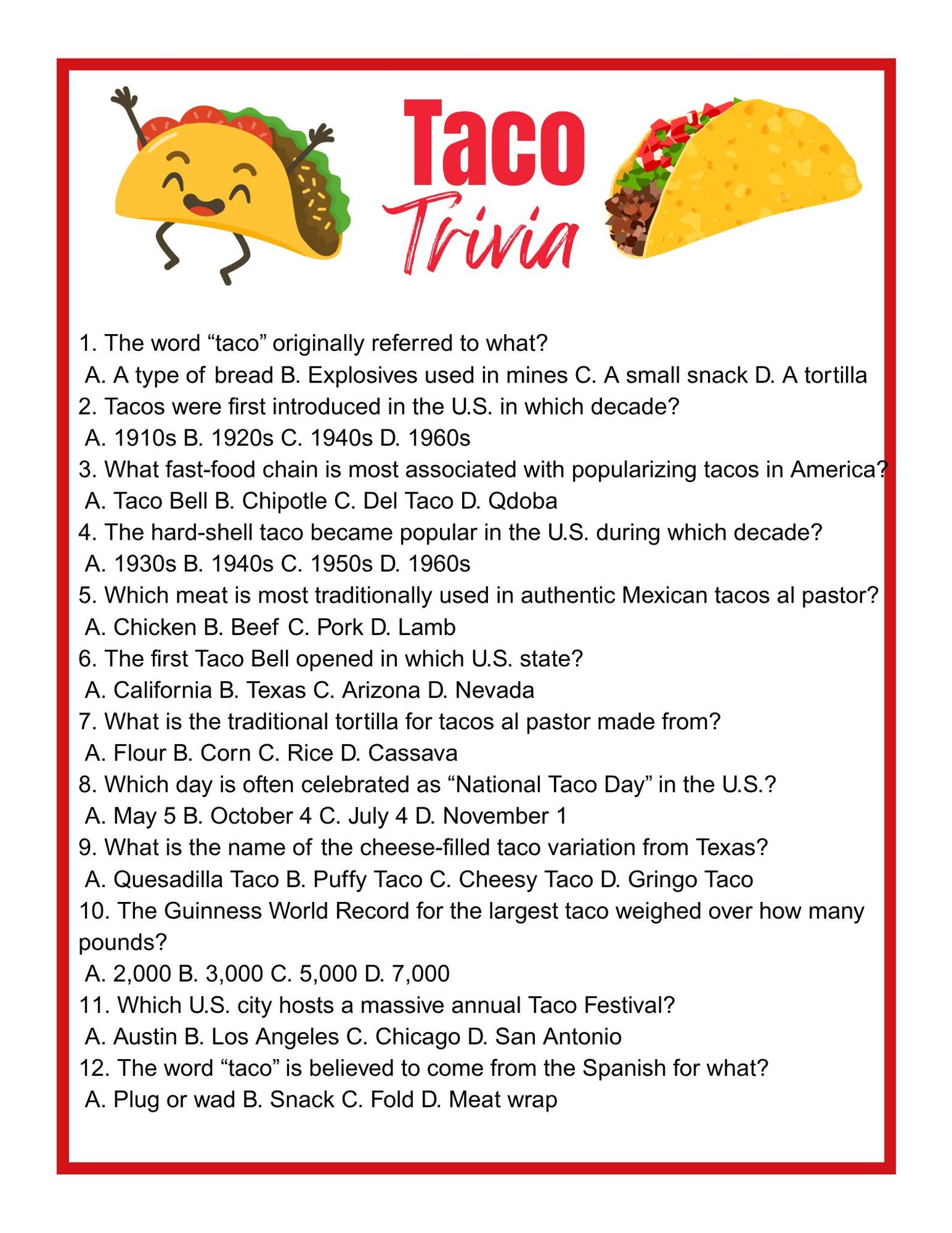 Juego de preguntas sobre tacos: divertido cuestionario sobre comida ...