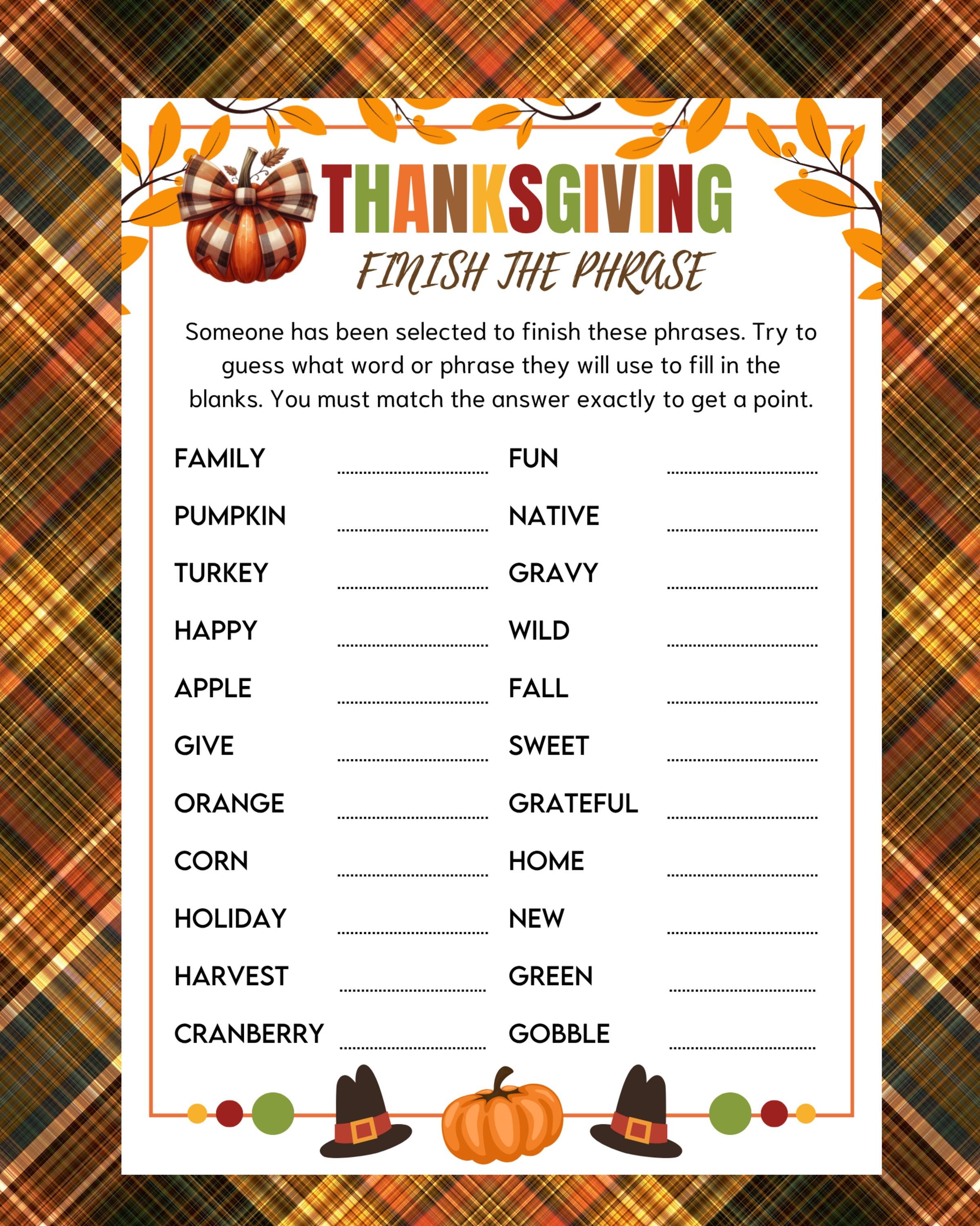 Thanksgiving Finish the Phrase Game Printable, Fun Thanksgiving Party ...