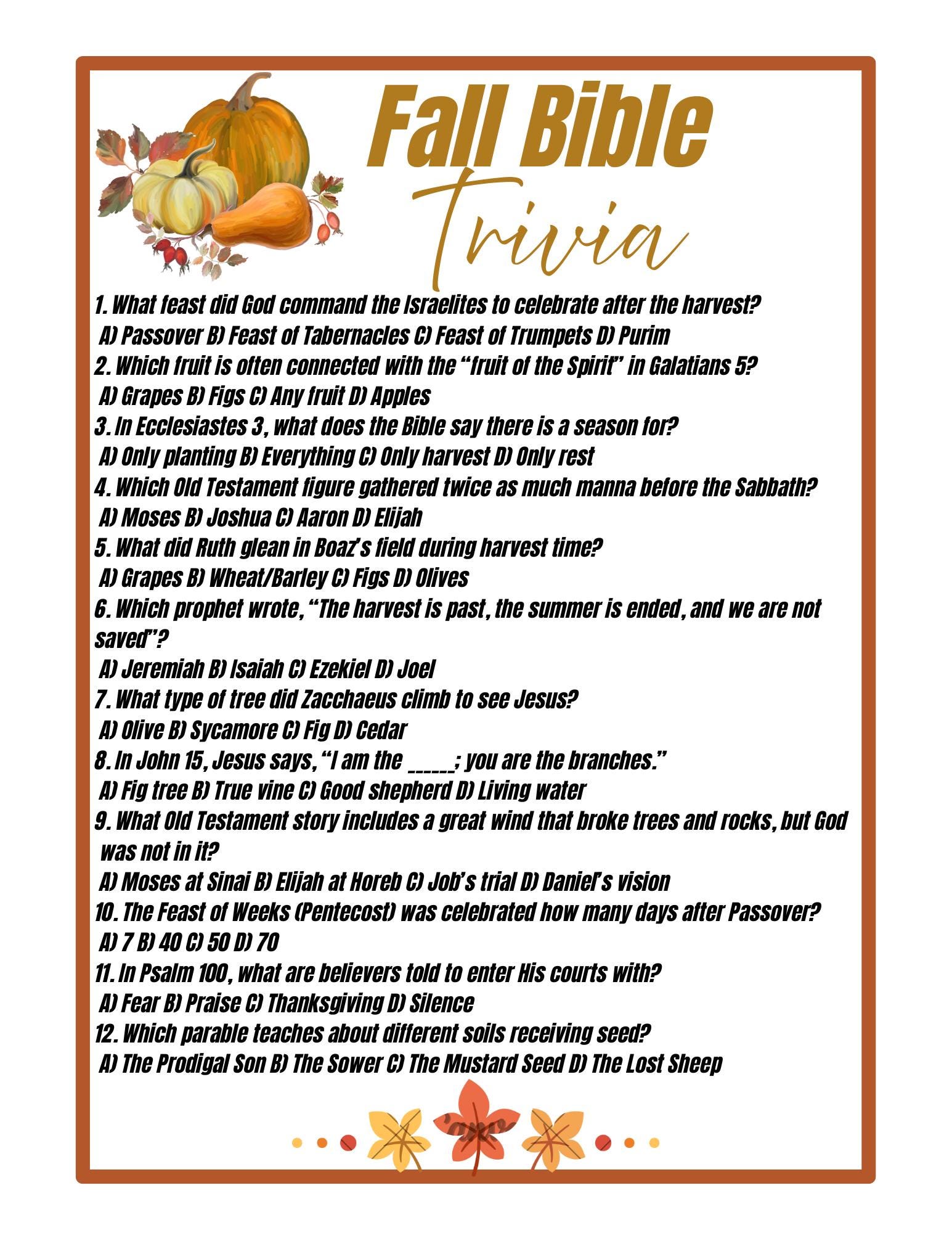 Fall Bible Trivia Game Printable • Autumn Sunday School Quiz ...