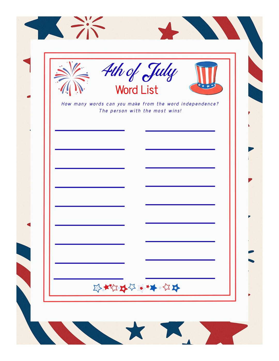 Fourth of July Word Game: Independence Day Printable Activity (PDF ...