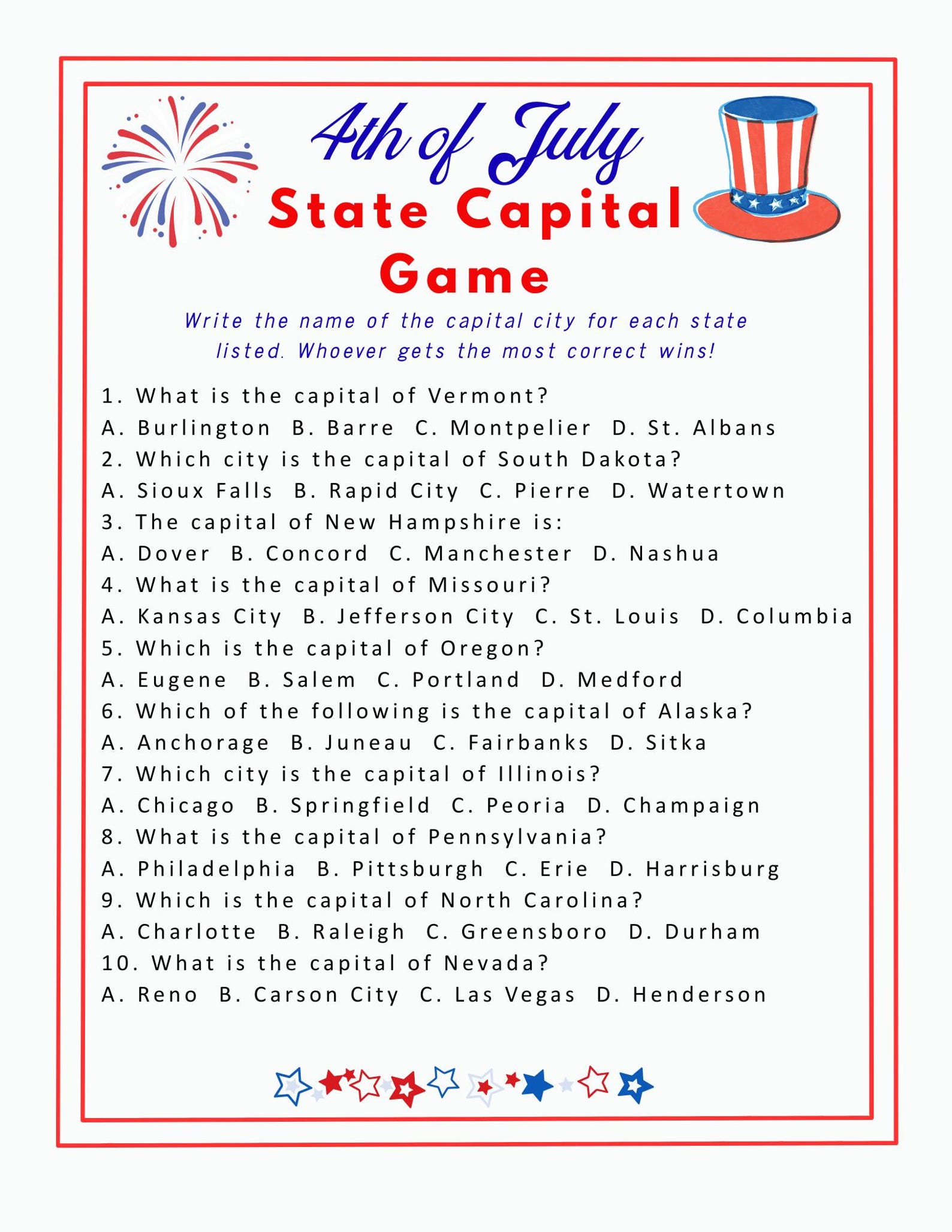 State Capitals Trivia Game: USA Geography Quiz (PDF Download - Etsy