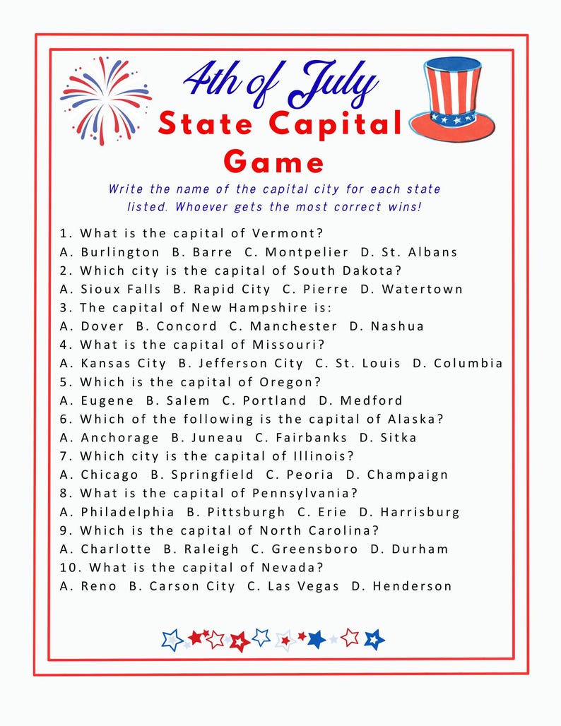 State Capitals Trivia Game: USA Geography Quiz (PDF Download - Etsy