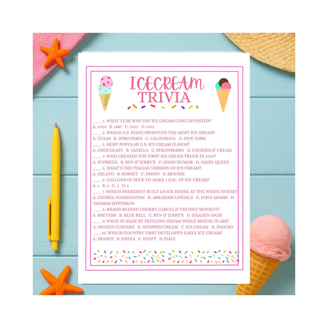 Ice Cream Trivia Game: Printable Summer Party Activity (PDF Download - Etsy