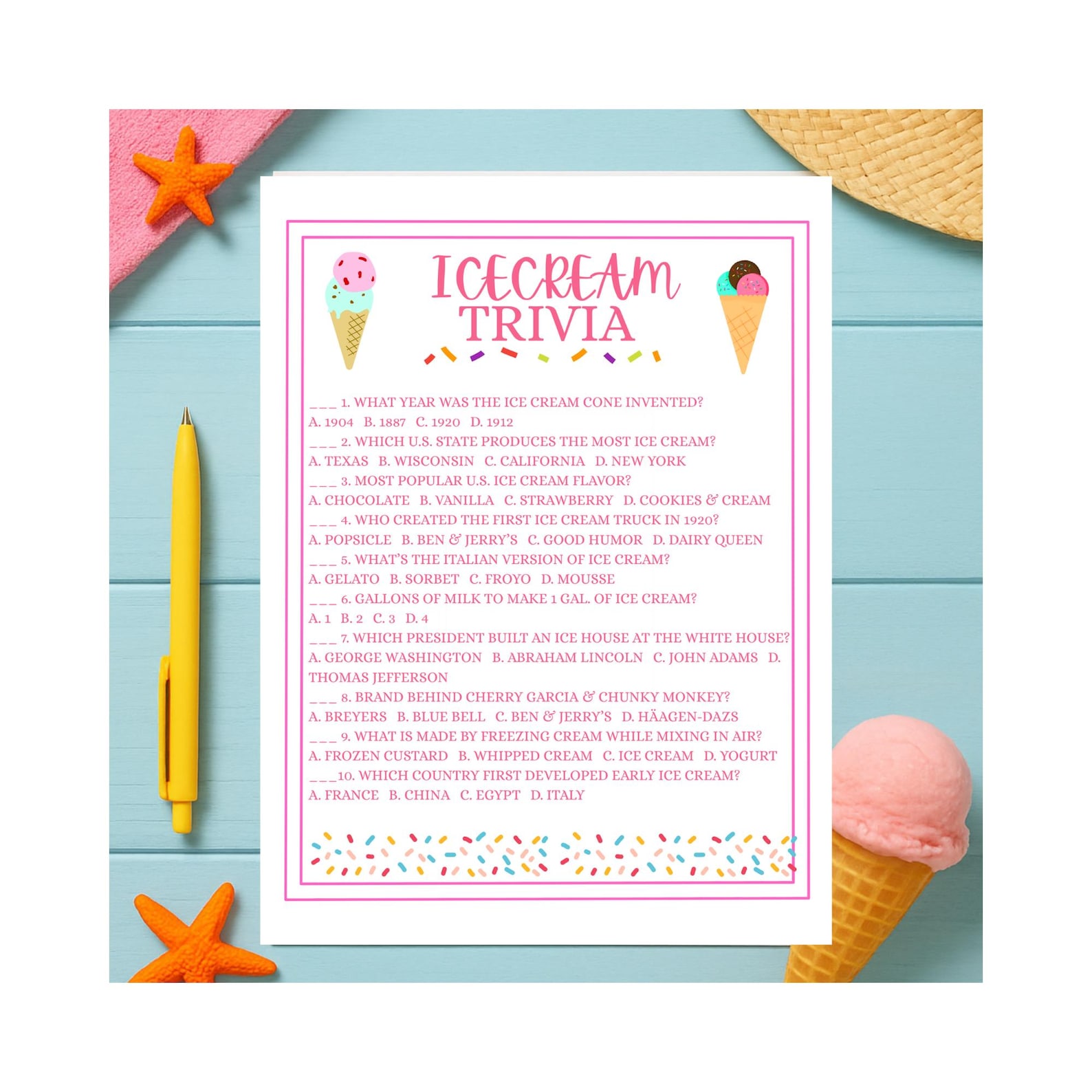 Ice Cream Trivia Game: Printable Summer Party Activity (PDF Download - Etsy