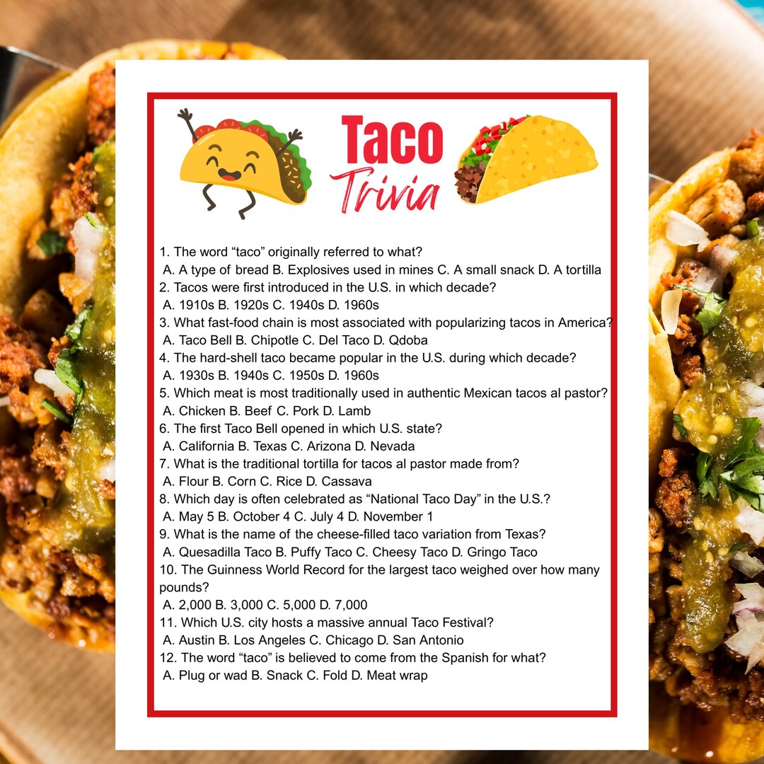 Taco Trivia Printable Game – Fun Mexican Food Quiz for Parties, Cinco ...