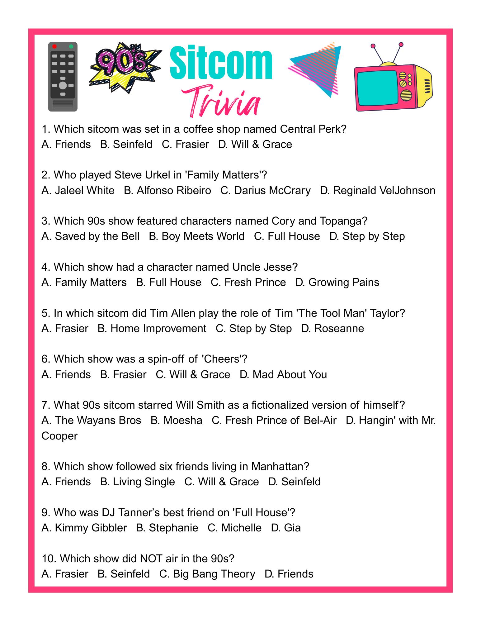 90s Sitcom Trivia Game: Printable Party Game (instant Download - Etsy