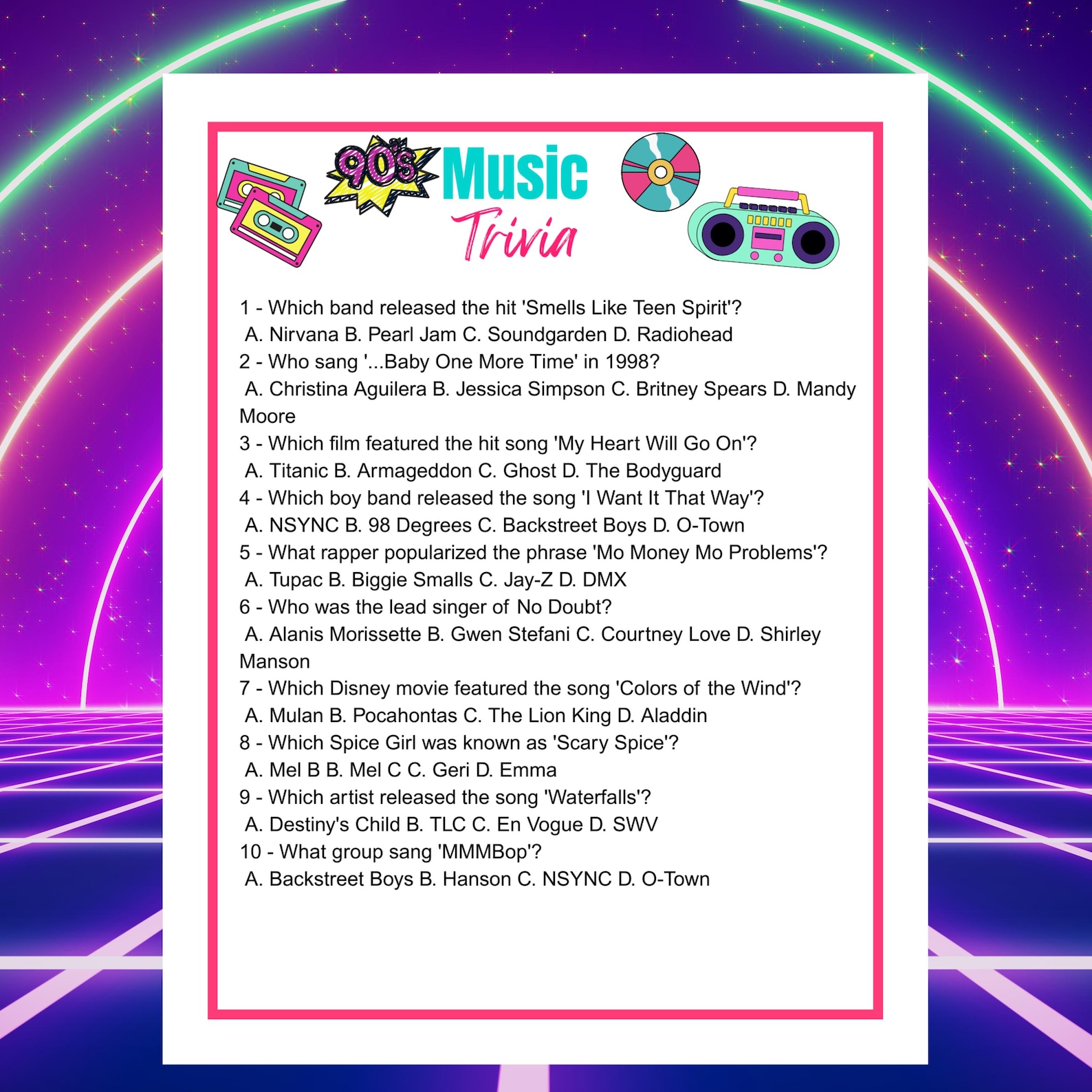 90s Music Trivia Game: Printable Party Game (instant Download - Etsy