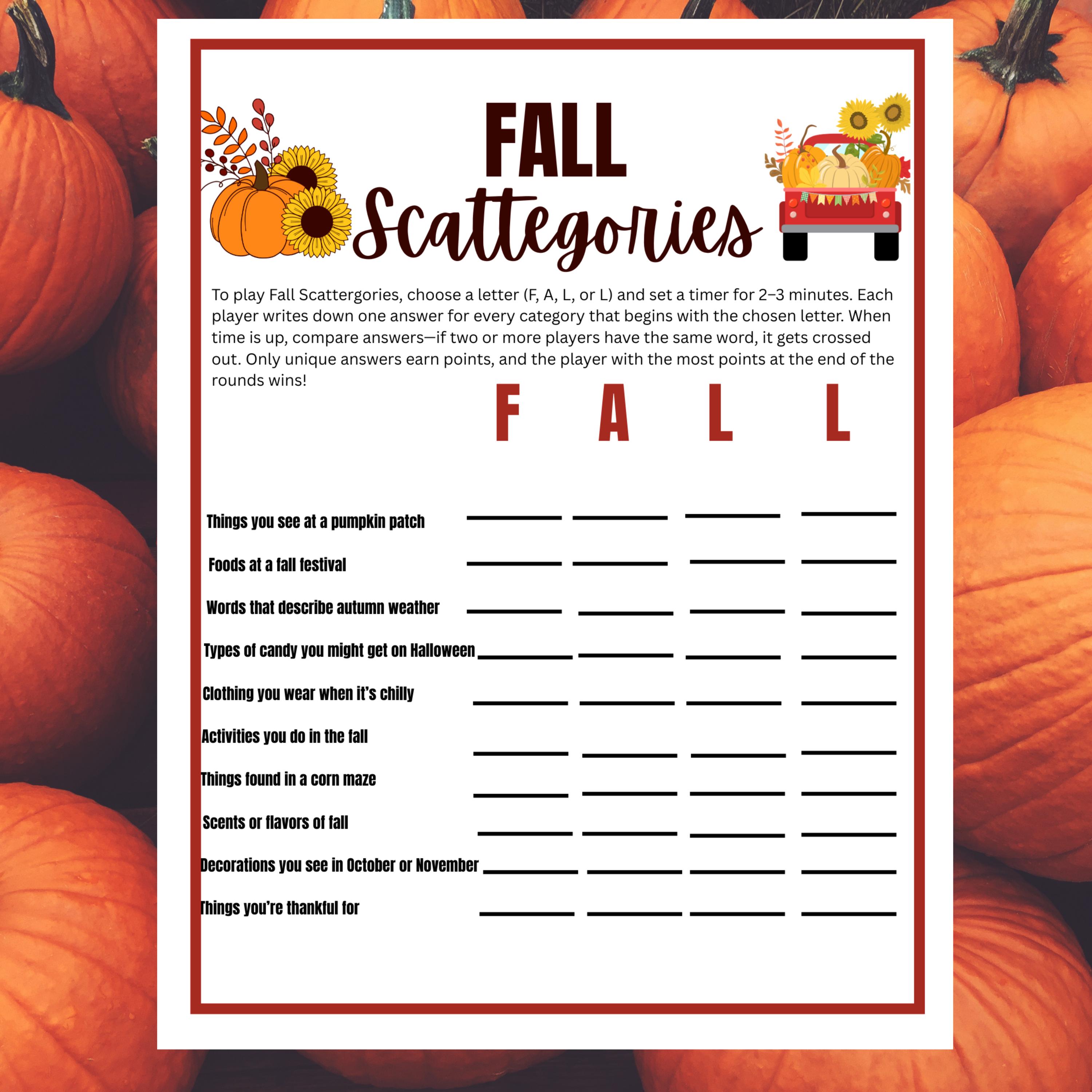 Fall Scattergories Game | Printable Autumn Party Game | Family-friendly ...