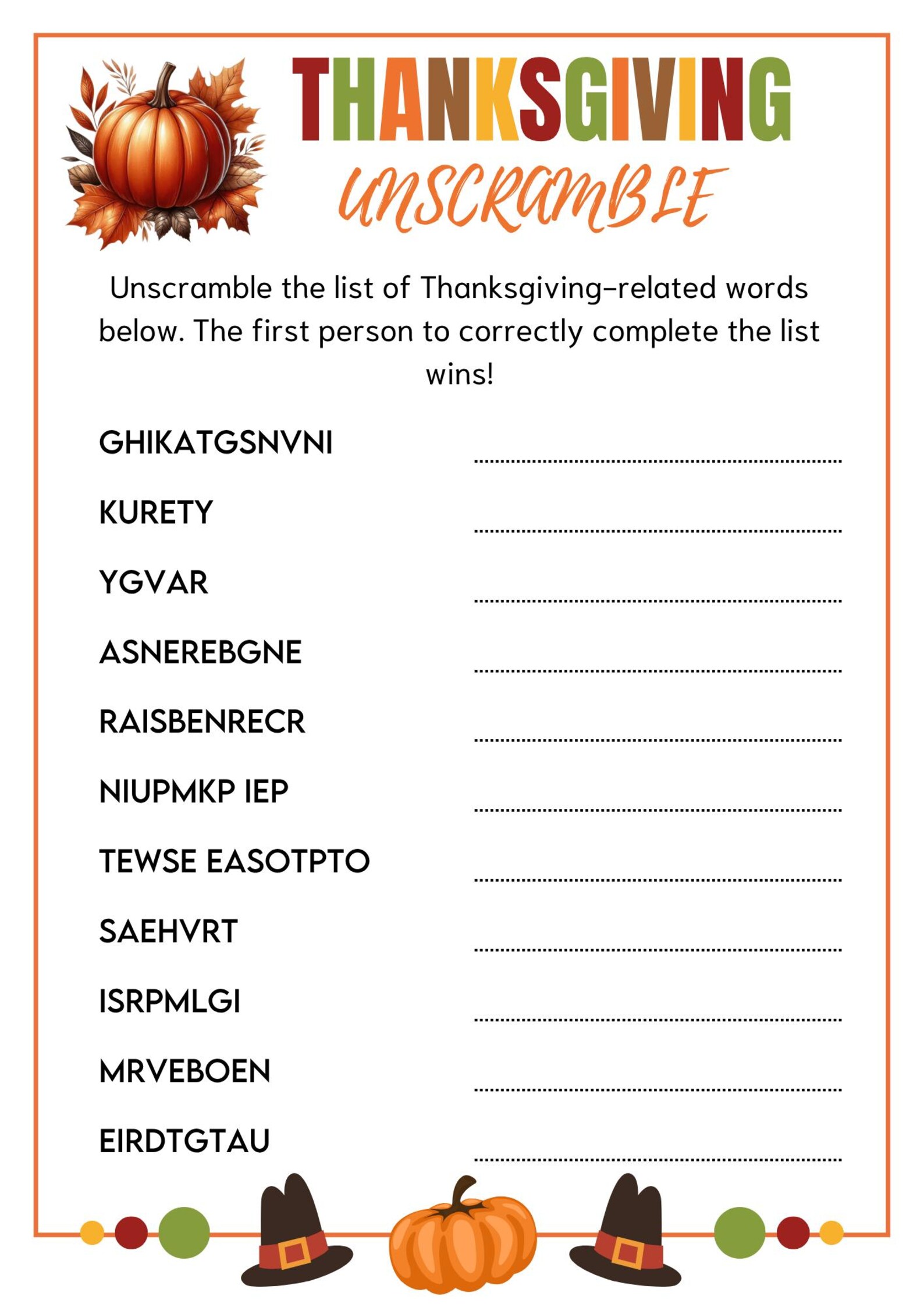 Thanksgiving Word Unscramble Printable, Thanksgiving Activity for Kids ...