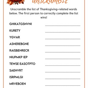Thanksgiving Word Unscramble Printable, Thanksgiving Activity for Kids ...