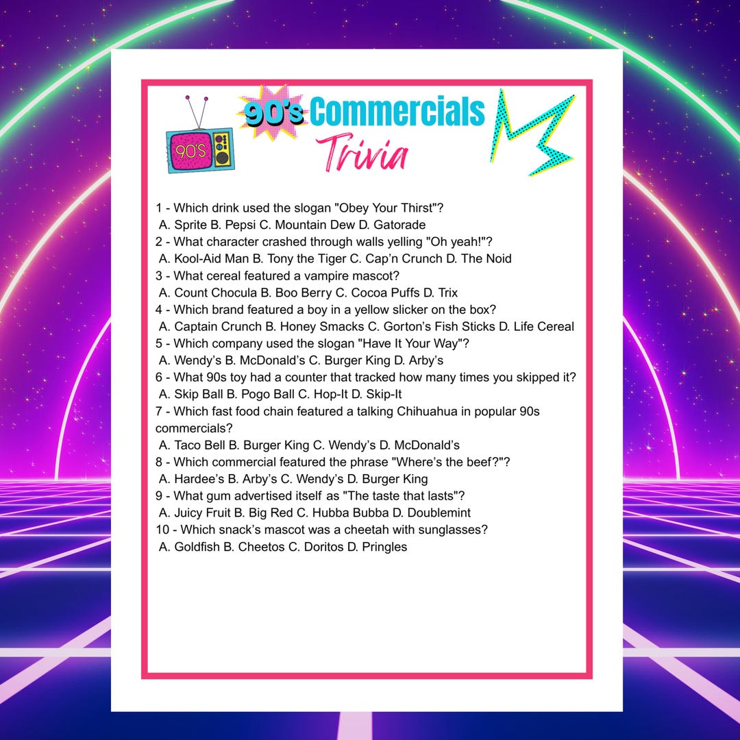 90s Commercial Trivia Game: Printable Party Game (instant Download) - Etsy