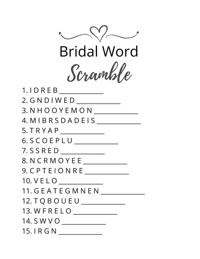 Bridal Word Scramble Game Printable – Fun Bridal Shower Activity With ...