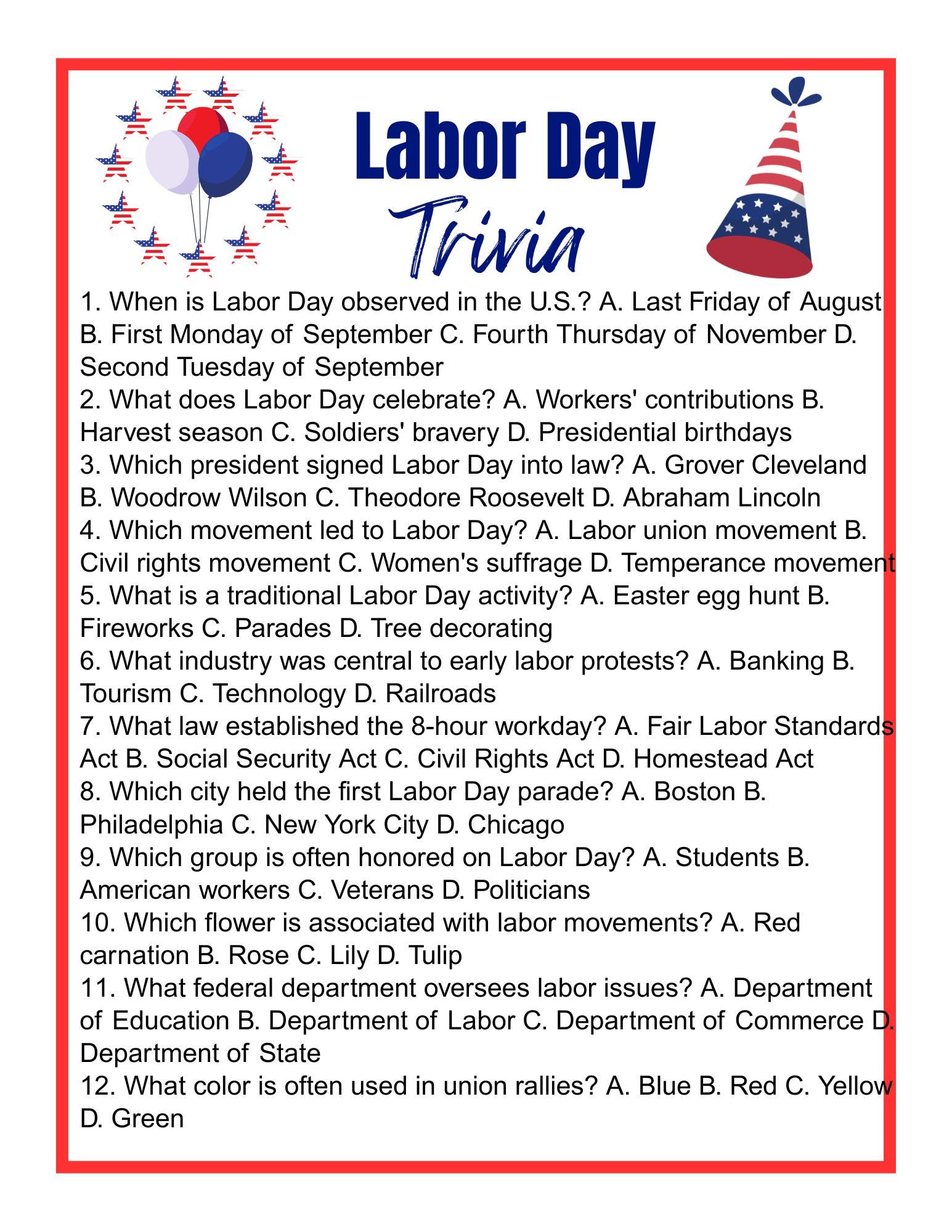 Labor Day Trivia Game - Fun Printable Quiz for Family Bbqs, Picnics ...