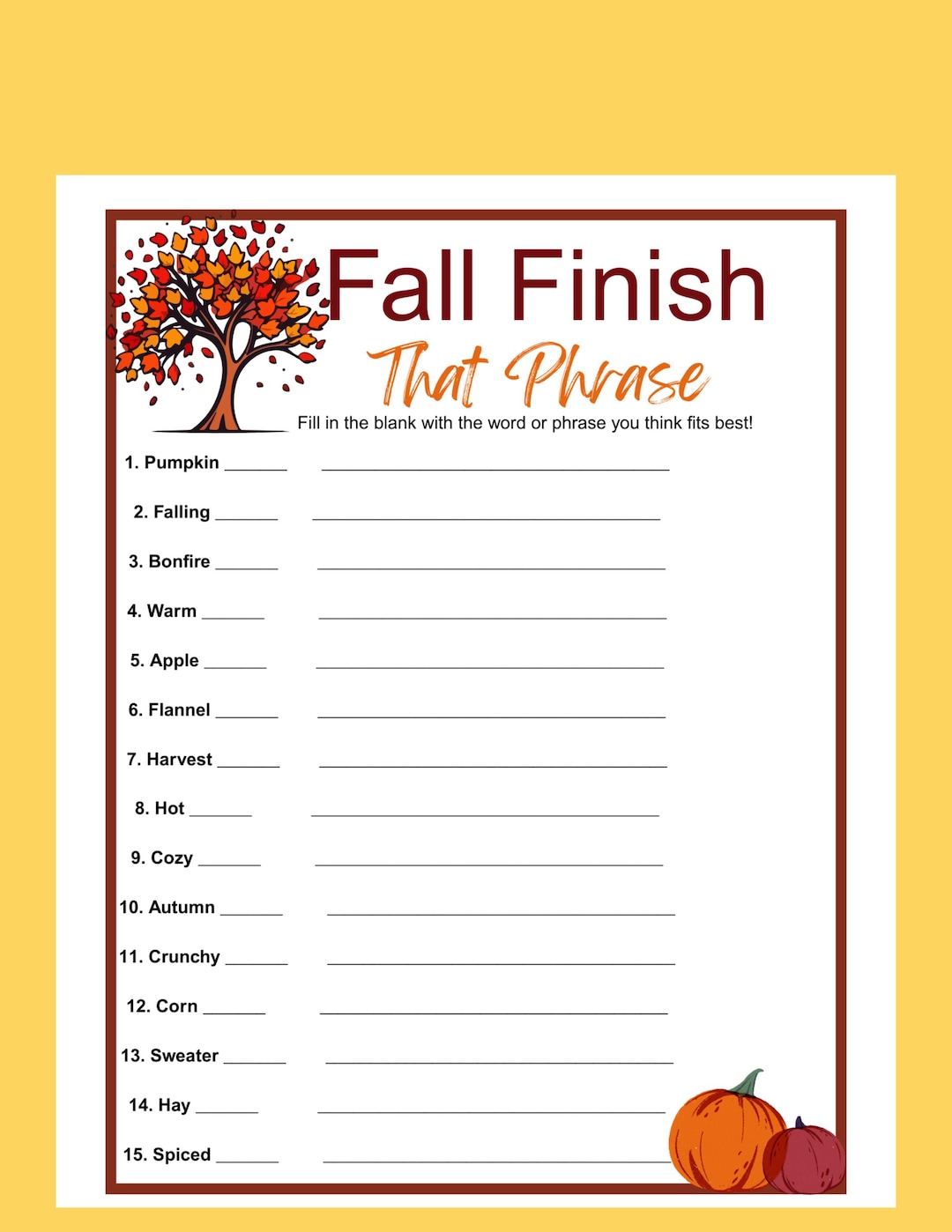 Fall Finish the Phrase Game Printable • Autumn Party Icebreaker ...