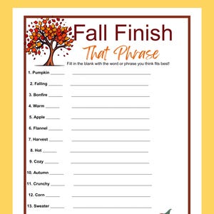 Fall Finish the Phrase Game Printable • Autumn Party Icebreaker ...