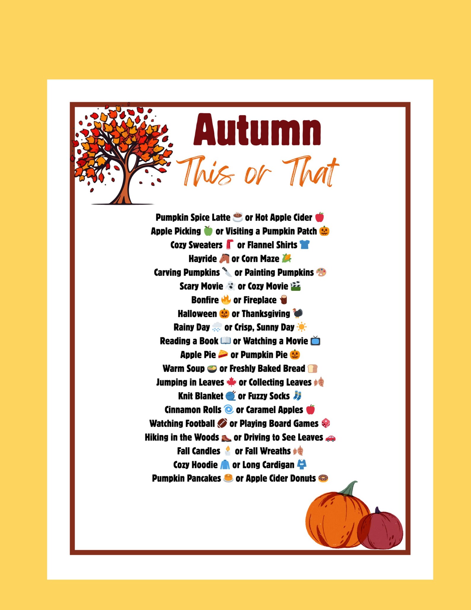 Fall This or That Game Printable • Autumn Party Icebreaker ...