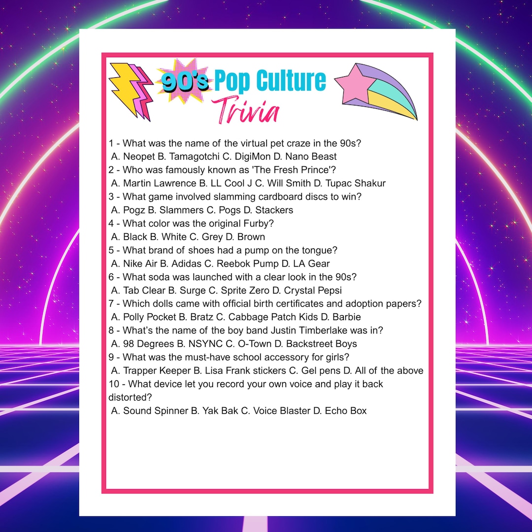 90s Pop Culture Trivia Game: Printable Party Game (instant Download - Etsy