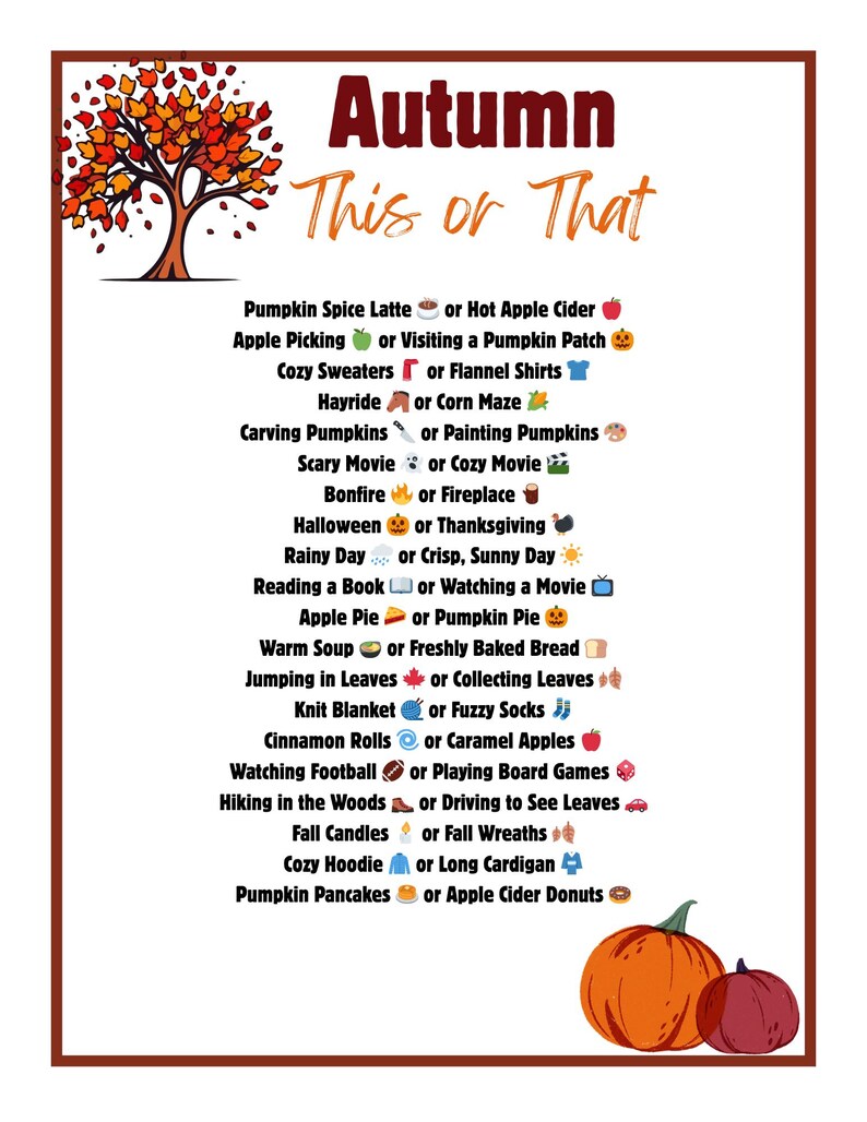 Fall This or That Game Printable • Autumn Party Icebreaker ...