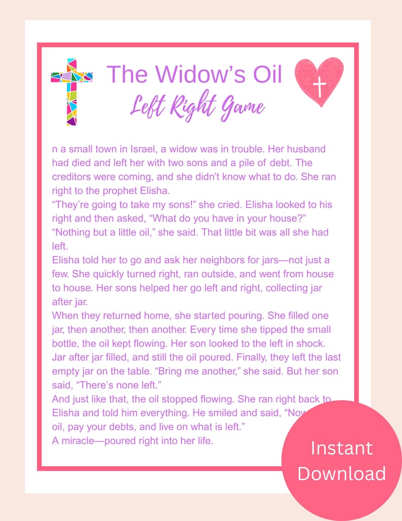 Widow's Oil Left Right Game: Printable Bible Study Activity (PDF ...