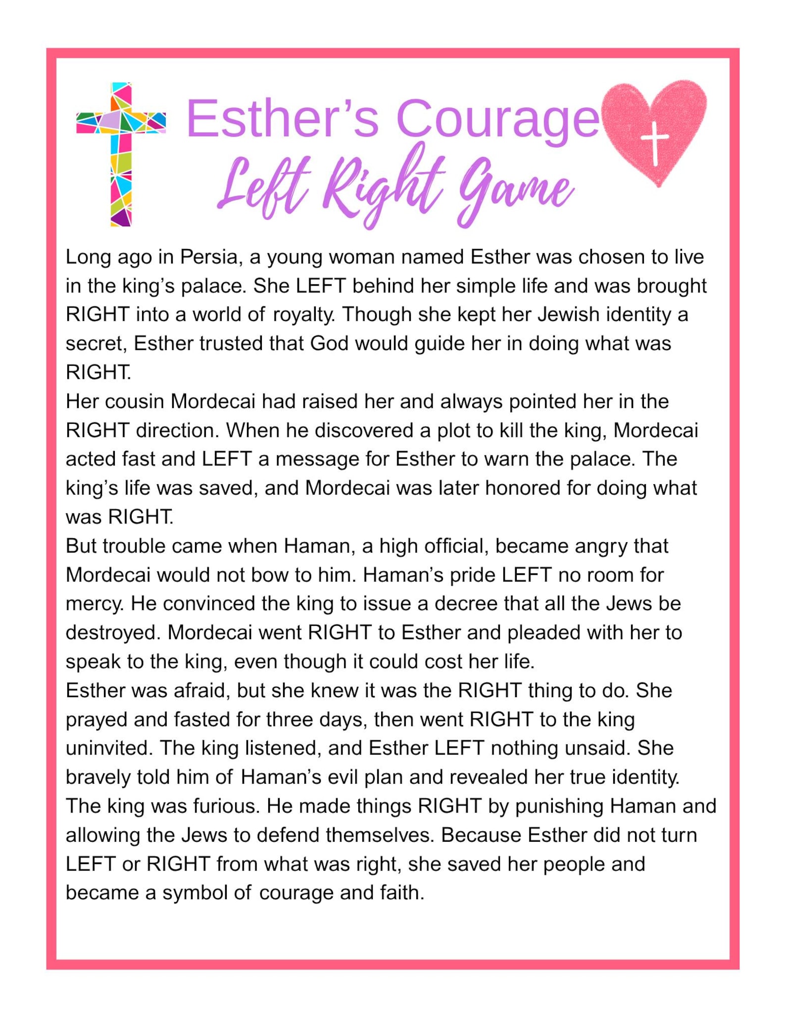 Esther's Courage Left Right Game: Printable Bible Game (PDF Download - Etsy