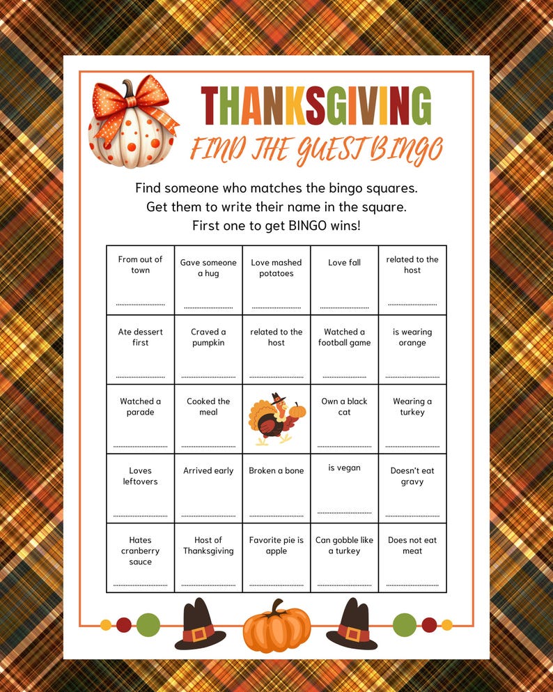 Thanksgiving Find the Guest Bingo Printable, Family & Friends ...