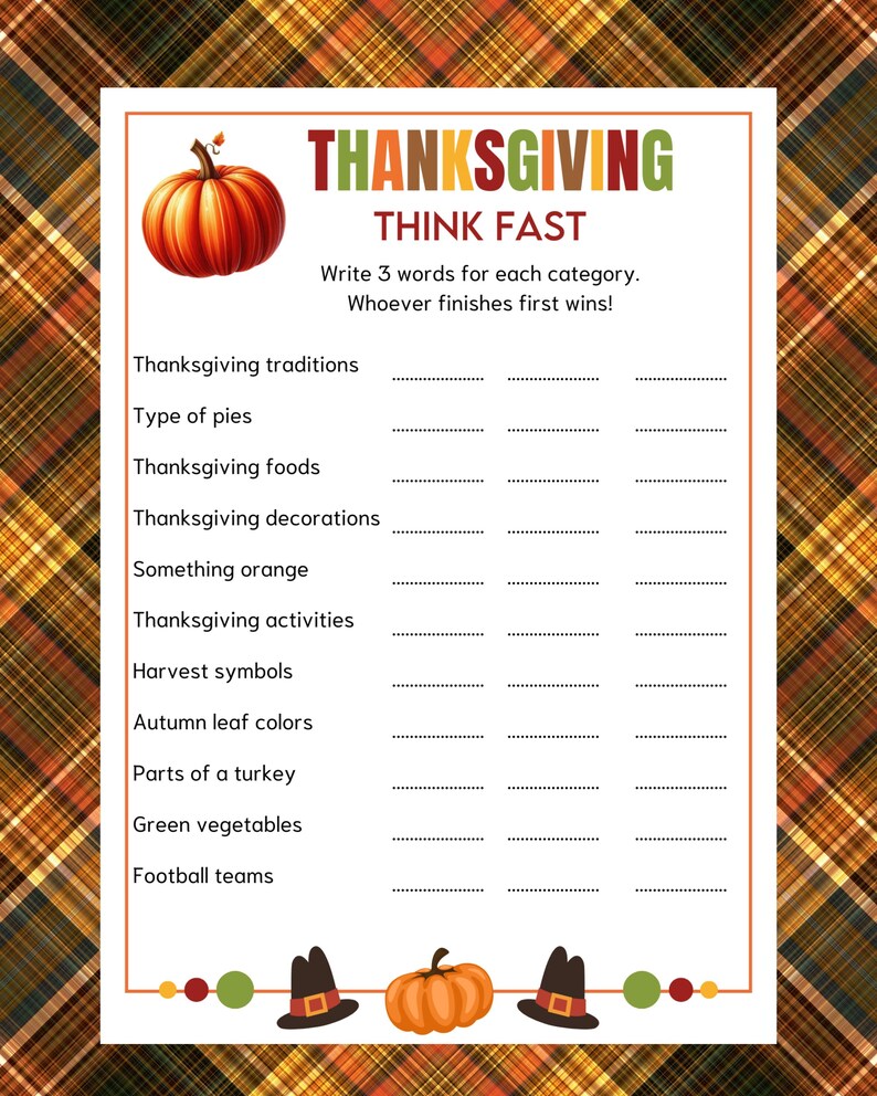 Thanksgiving Think Fast Game Printable, Friendsgiving Party Game ...