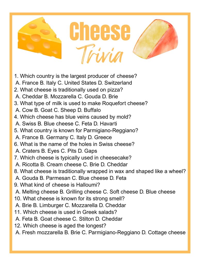 Cheese Trivia Game Printable | Food Trivia for Adults & Families ...