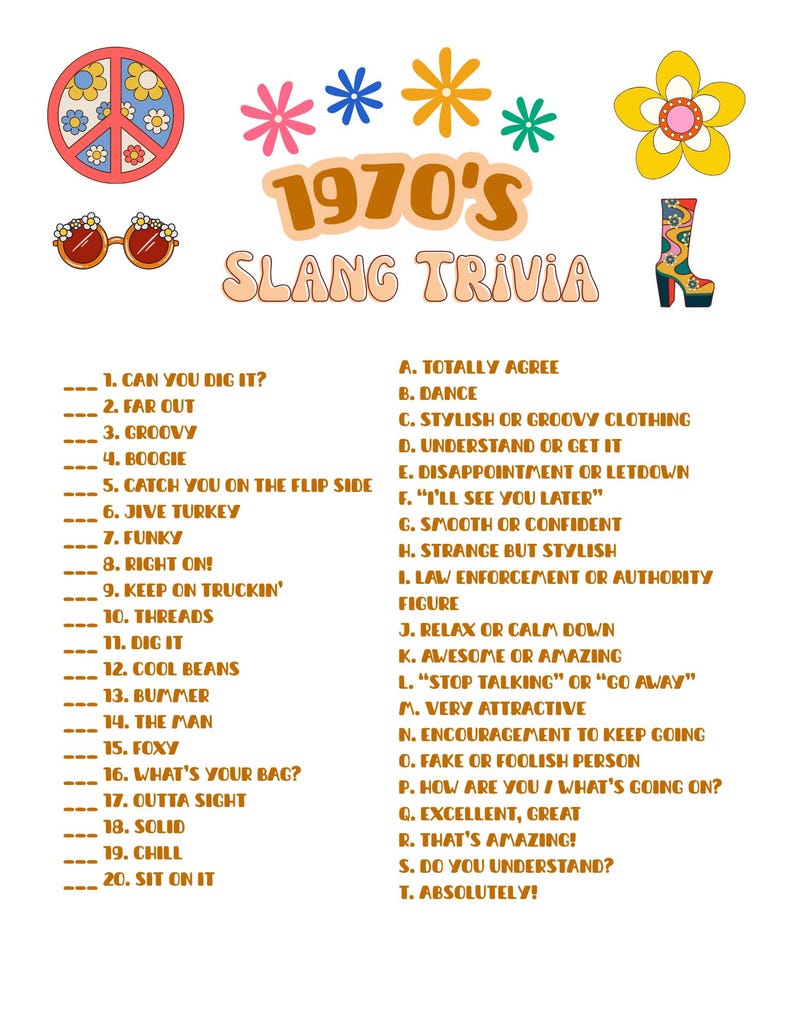 1970s Slang Trivia Game Printable | 90s Party Game | Retro Quiz ...