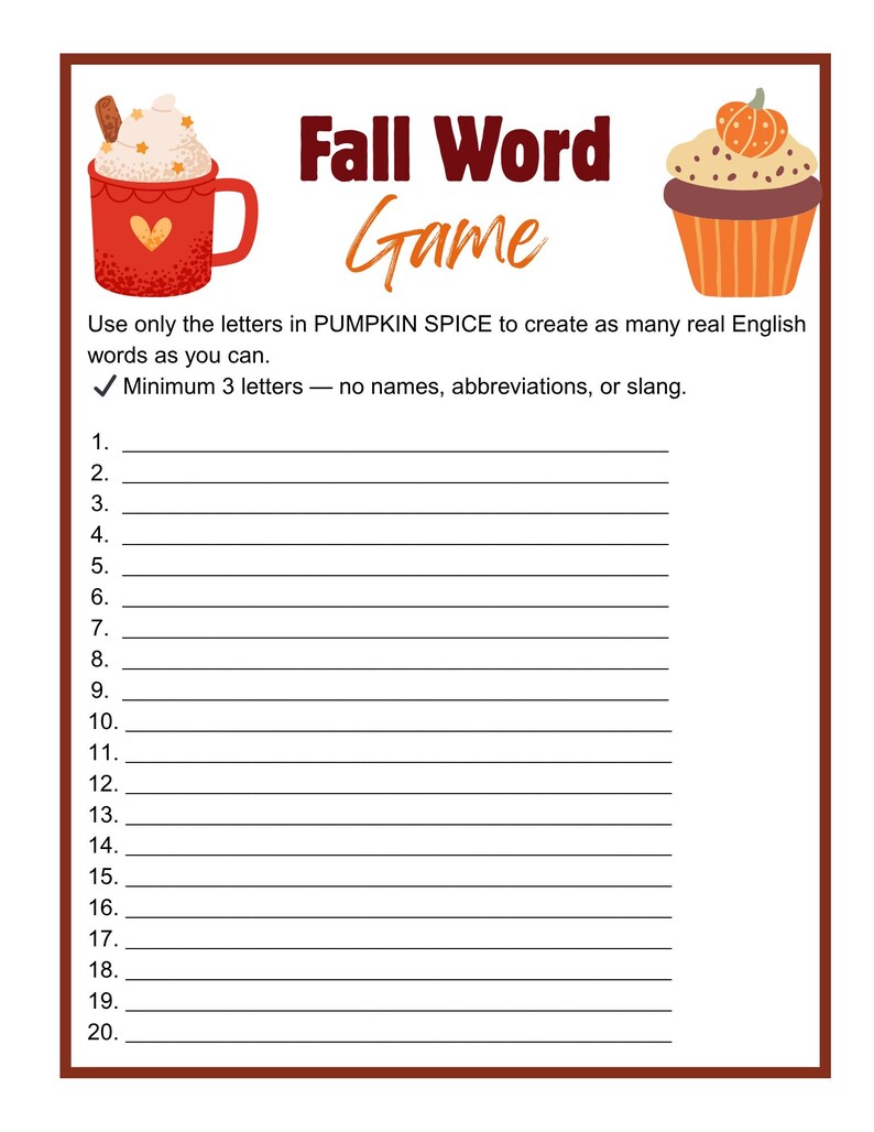 Pumpkin Spice Word Game | Fall Printable Activity | Autumn Party Game ...
