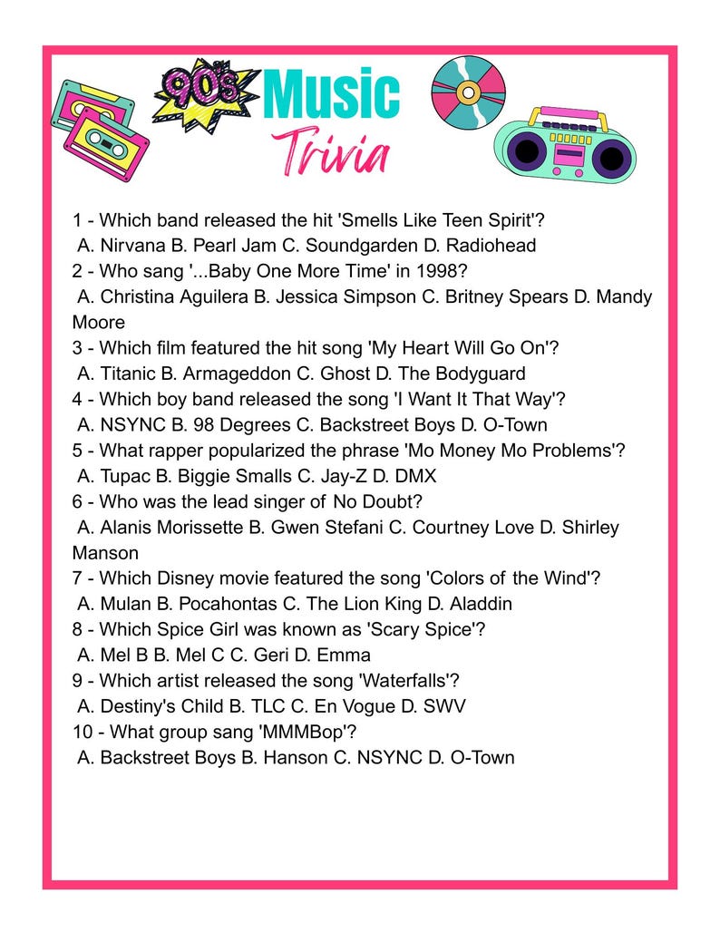 90s Music Trivia Game: Printable Party Game (instant Download - Etsy