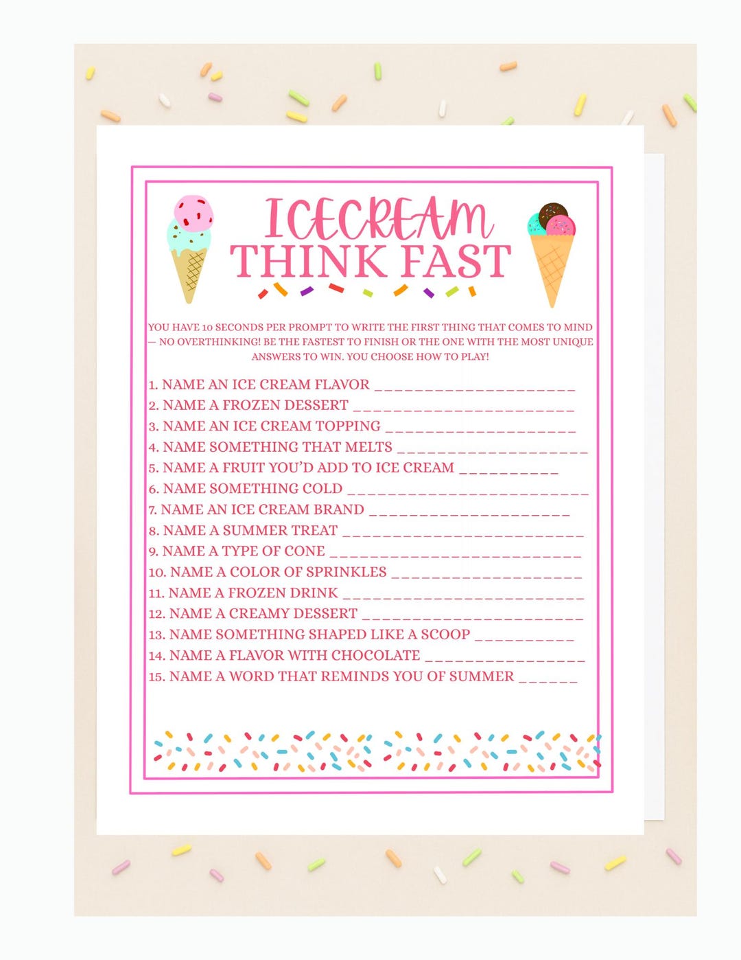 Ice Cream Think Fast Game Printable | Summer Party Game | Bridal Shower ...