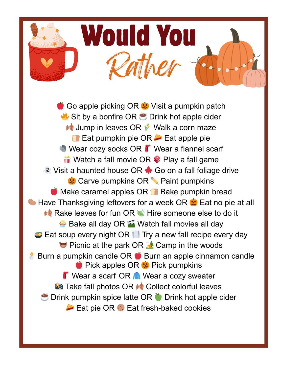 Fall Would You Rather Game Printable • Autumn Party Icebreaker ...