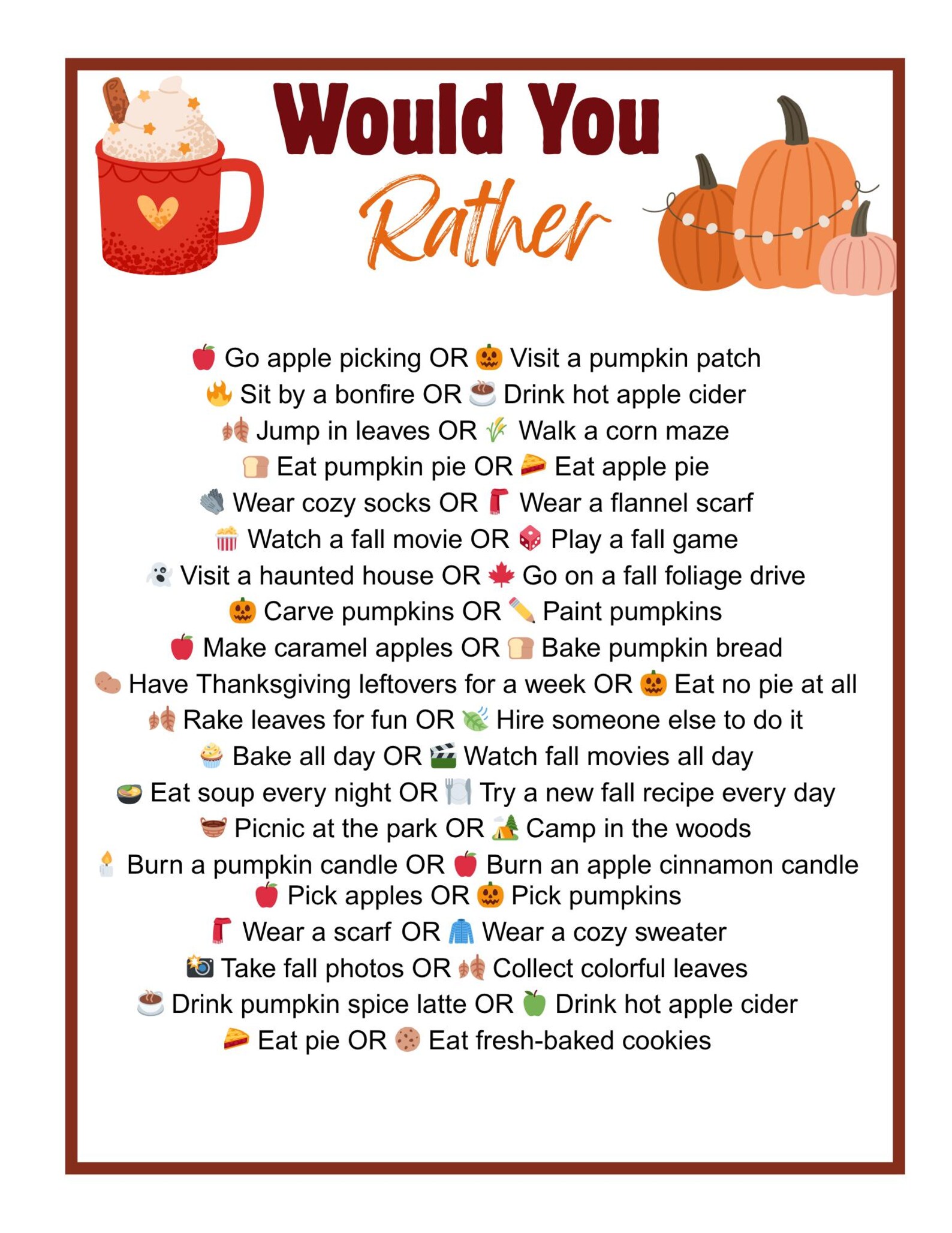 Fall Would You Rather Game Printable • Autumn Party Icebreaker ...